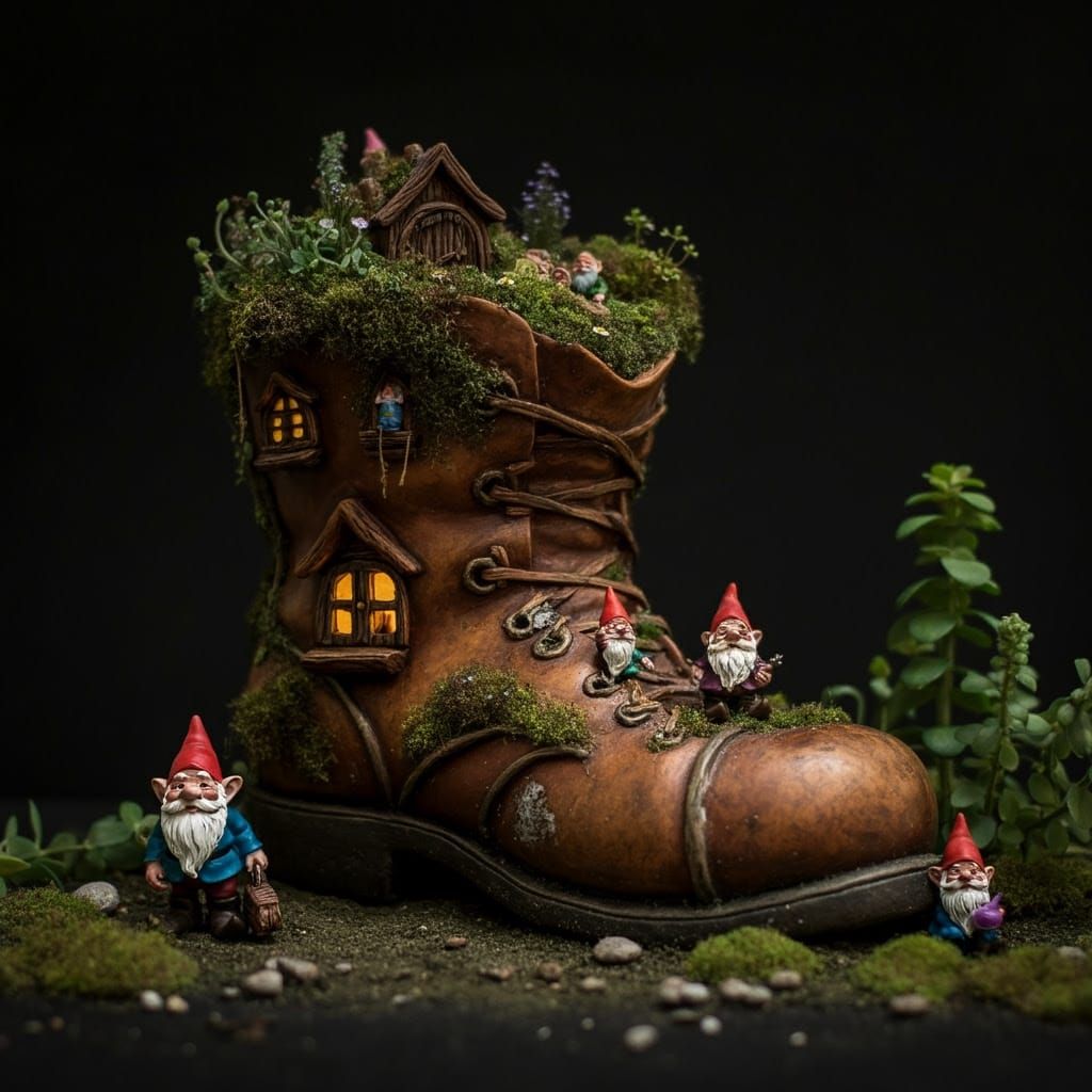 Tiny minuscule gnomes living in boot shaped house.