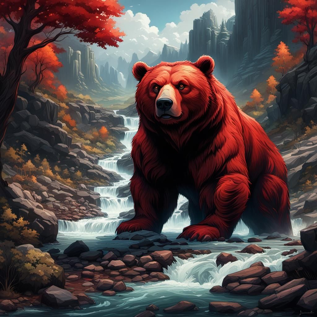 A Giant Red Bear In The Middle Of A Rocky Stream Epic cinematic ...
