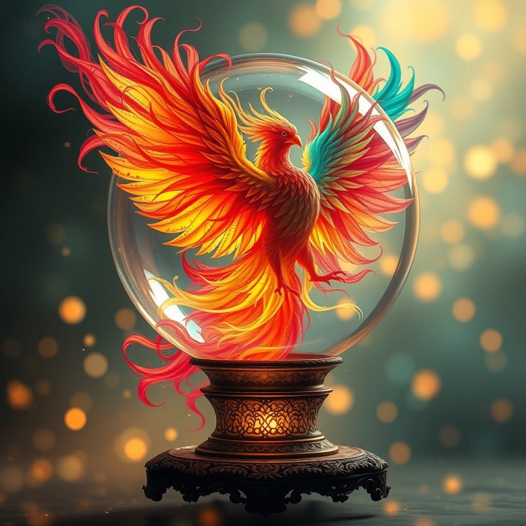 Majestic Phoenix in Luminous Glass Orb, Suspended ... - AI Art
