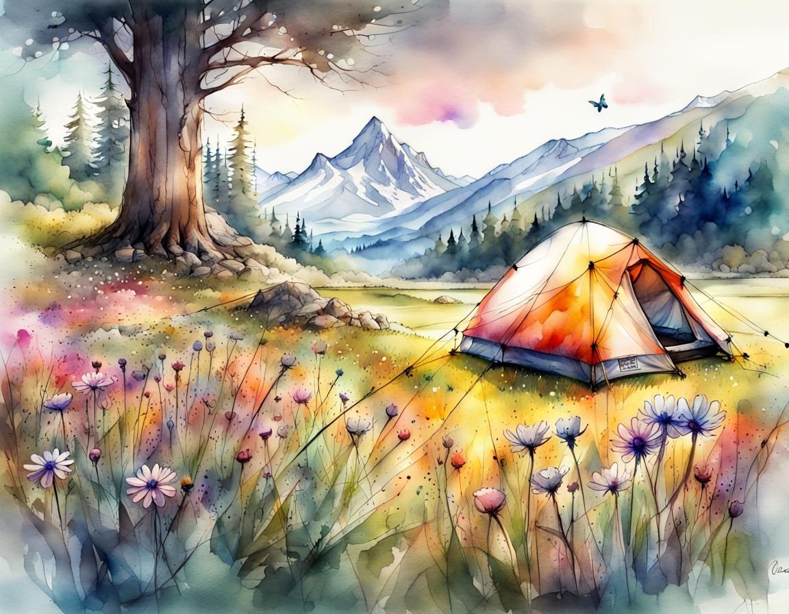 Camping tent at The Perfect Camping Spot, Digital watercolor ...