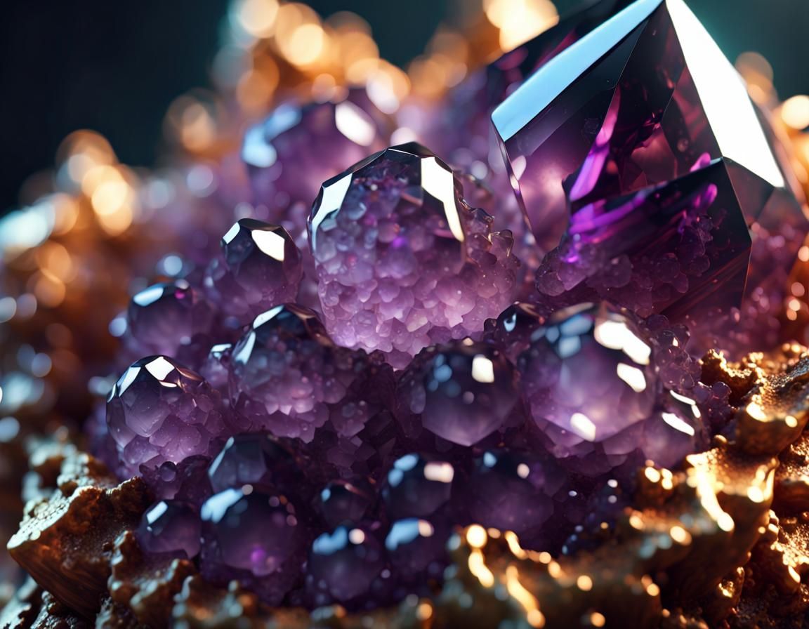 A very hyper detailed image of an Amethyst quartz cluster in macro ...