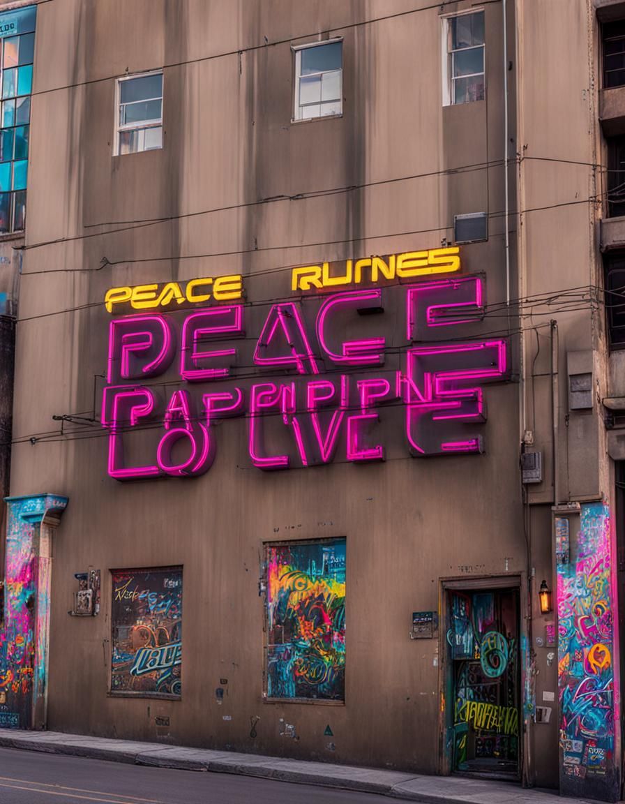 Graffiti written on the side of a building that says “peace, love ...