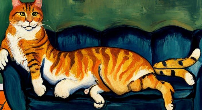 A giant Tabby cat on a blue couch, atmospheric epic, oil painting ...