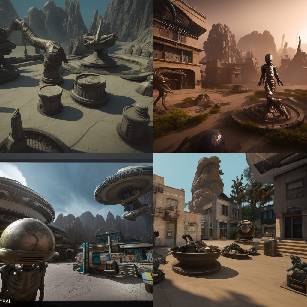 alien planet; Small town courtyard with shops around; statue in the ...