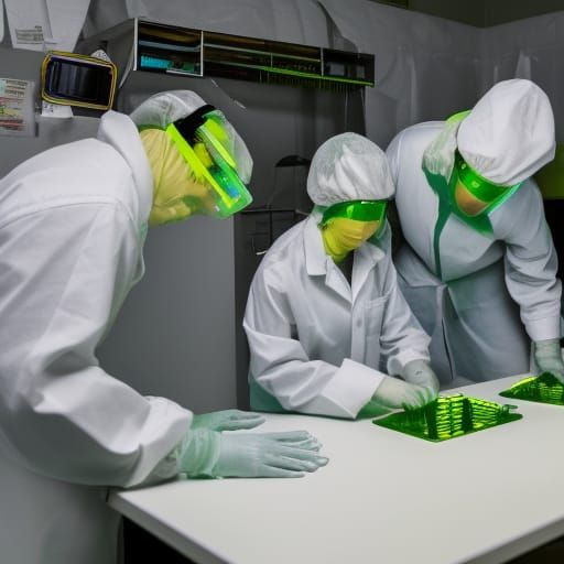 a glowing pickle lab with uniformed technicians analyzing the ...