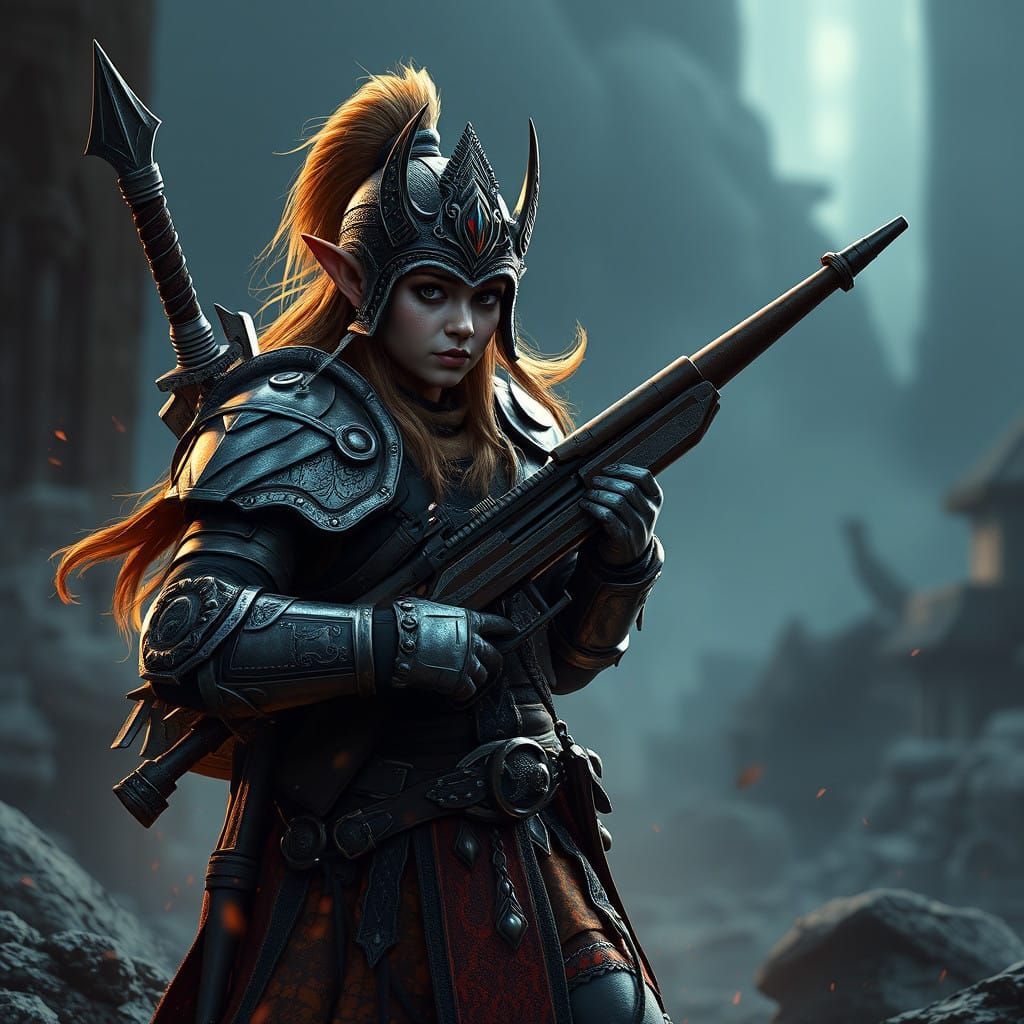 dwarf female warrior in armor and carrying a rifle