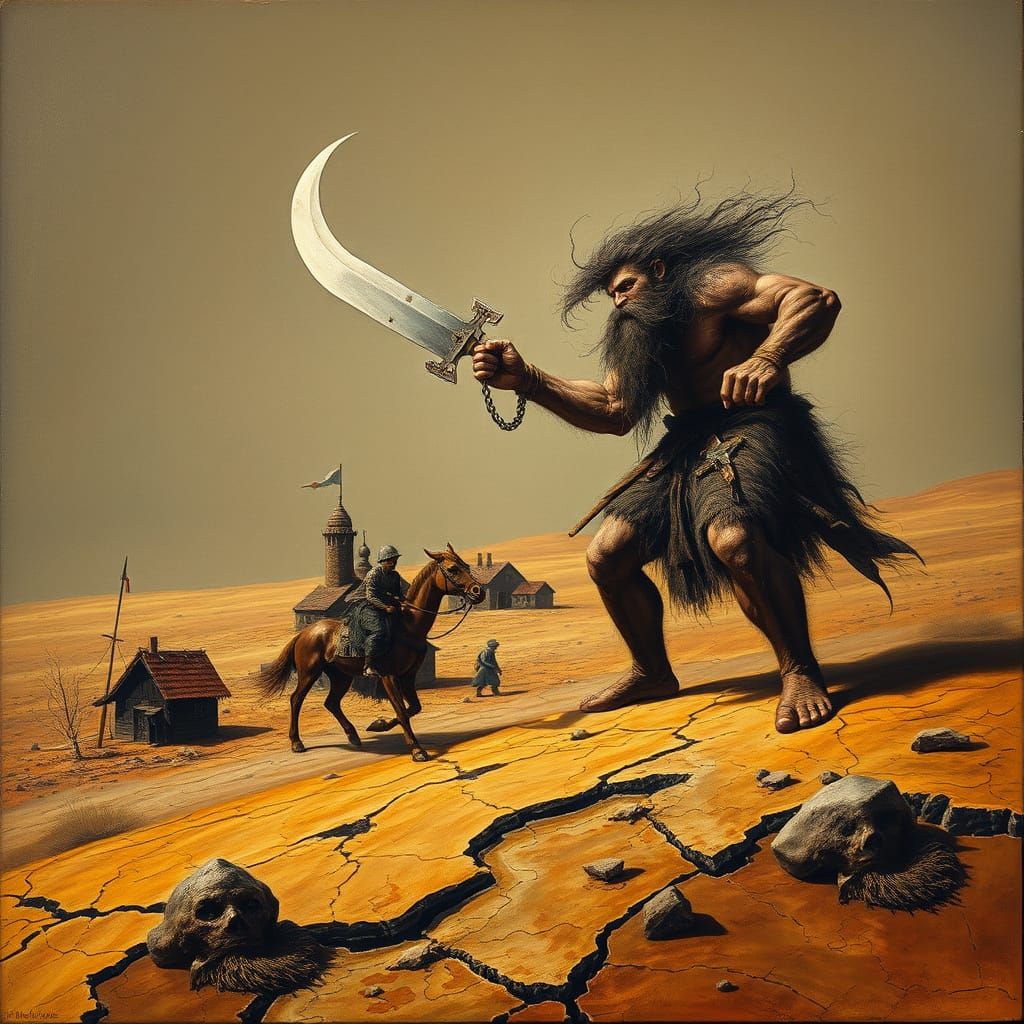 Giant Warrior Attacks a Desert Village in a Futuri... - AI Art