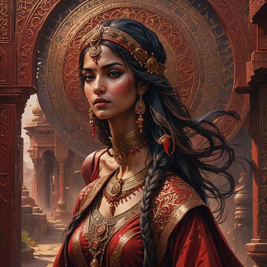 painting of a beautiful woman, in the style of realistic fantasy artwork, orientalism, crimson ...
