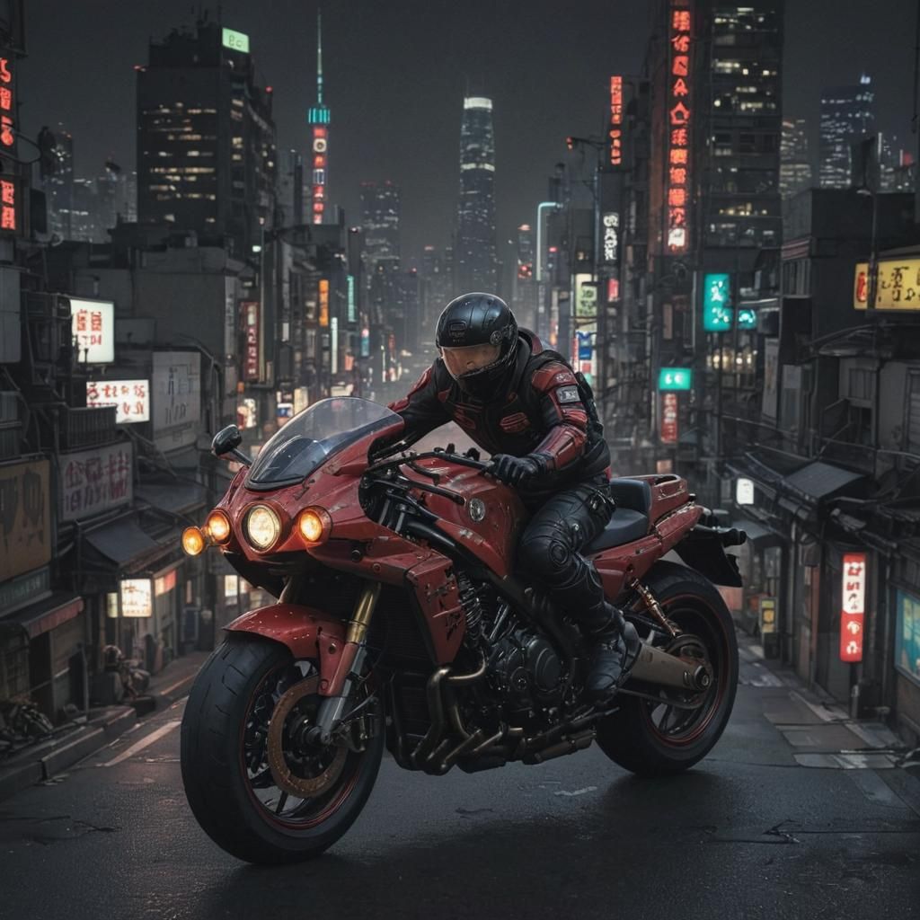 Akira-inspired motorcycle under glistening lights of neo-Tokyo ...