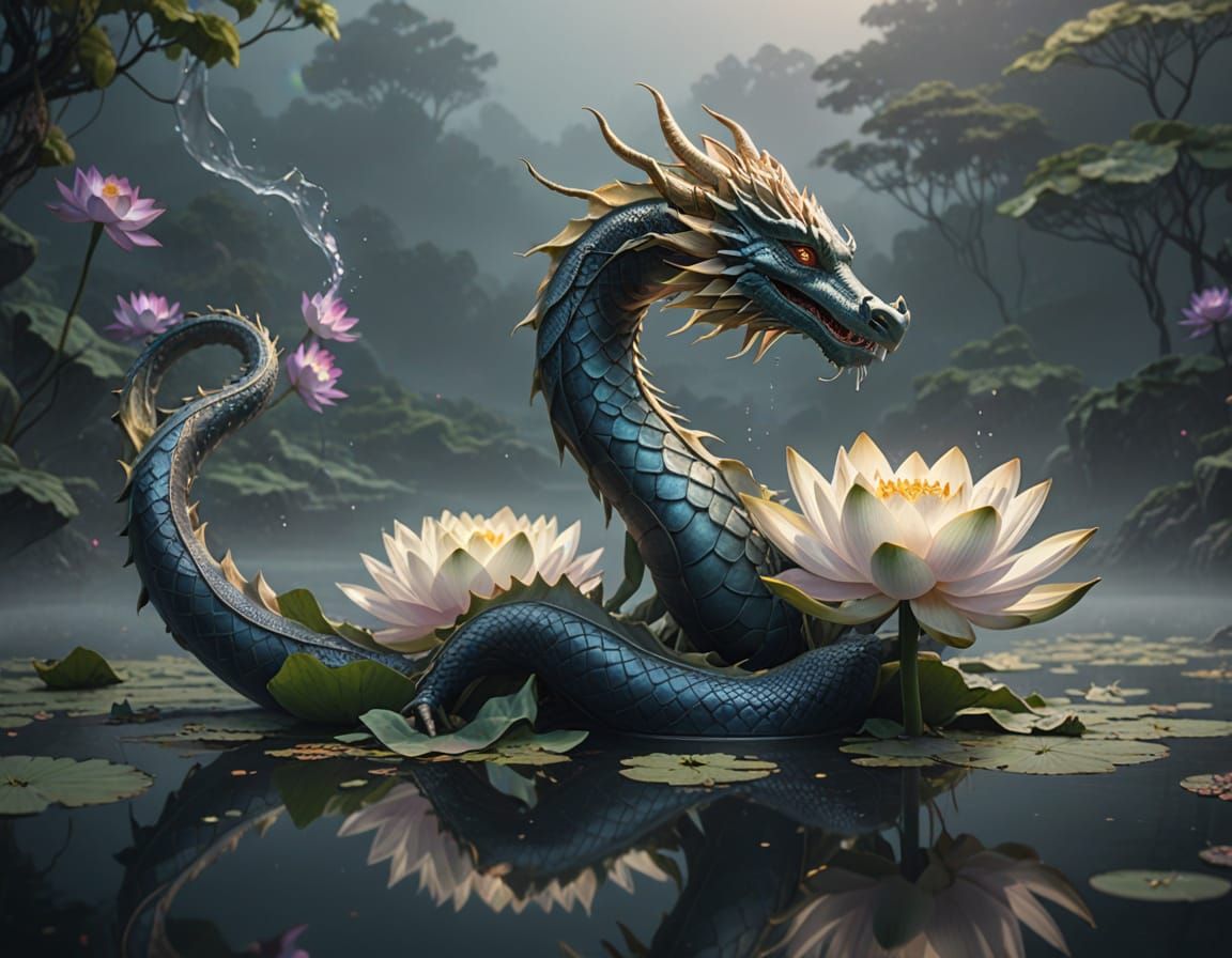 Dragon Lotus Flower on Misty Lake: Dark Fantasy Ar... - AI Art