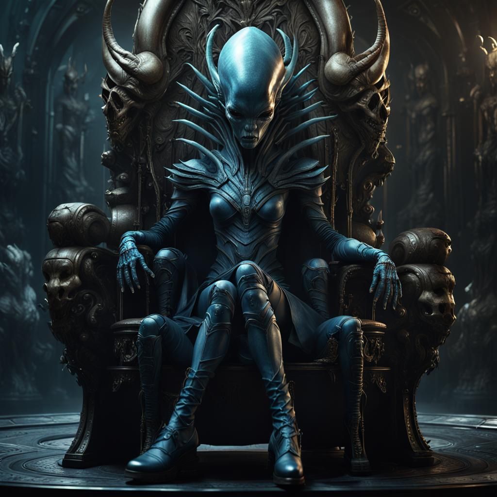 An Alien Queen from the film franchise Alien sits on a throne in a dark ...