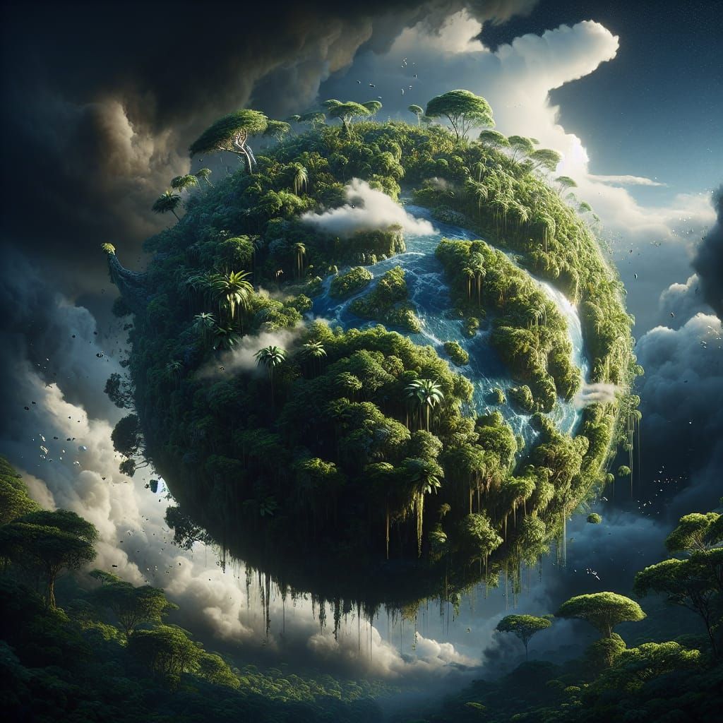 A floating microplanet reveals a dense jungle