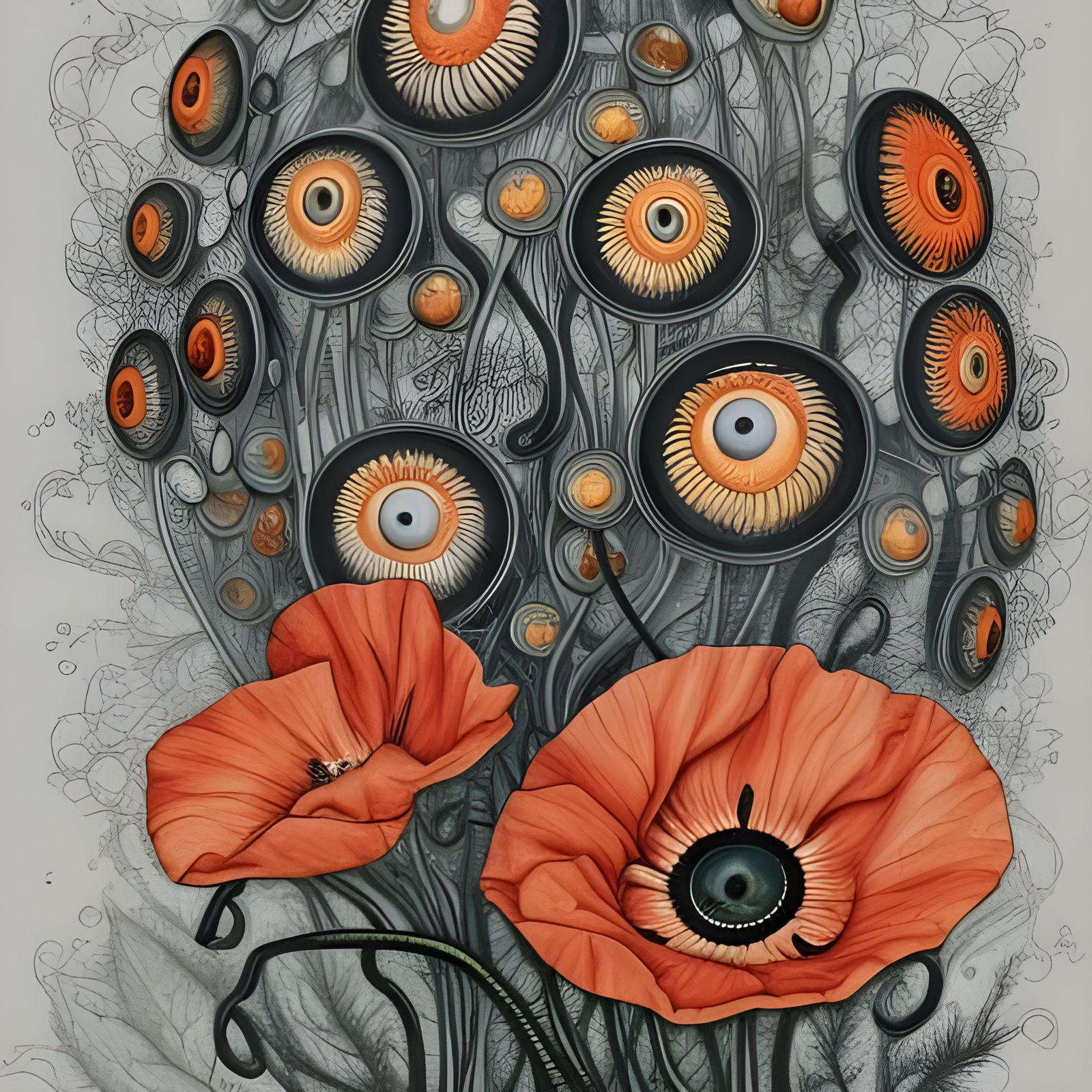 "botanical drawing,orange poppy, colored ink drawing, pale colours ...