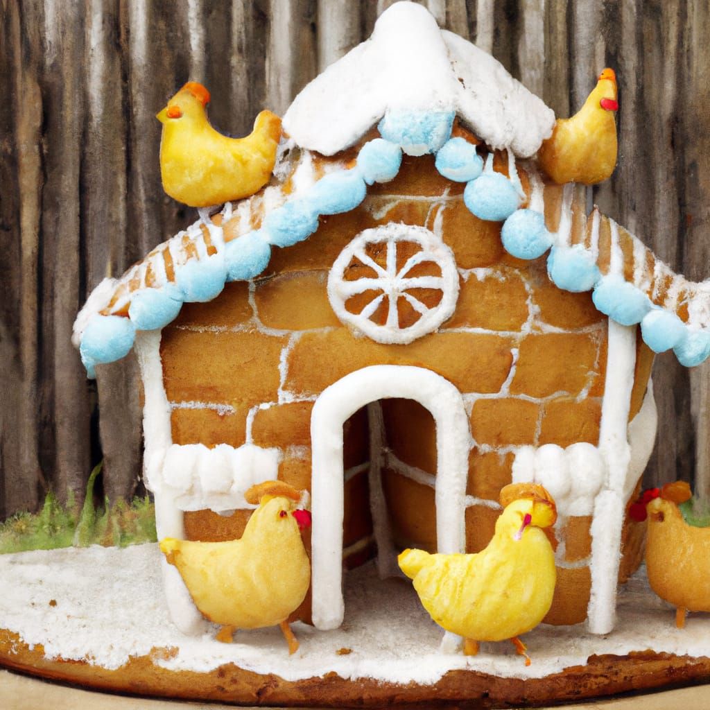 A gingerbread chicken coop with sugar cookie chickens. - AI Generated ...