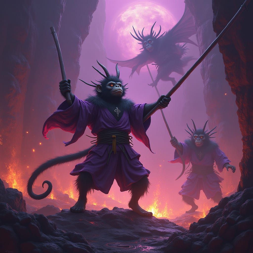 Dark Fantasy Ramen Monkey Battles Demons in Hell F... - AI Art