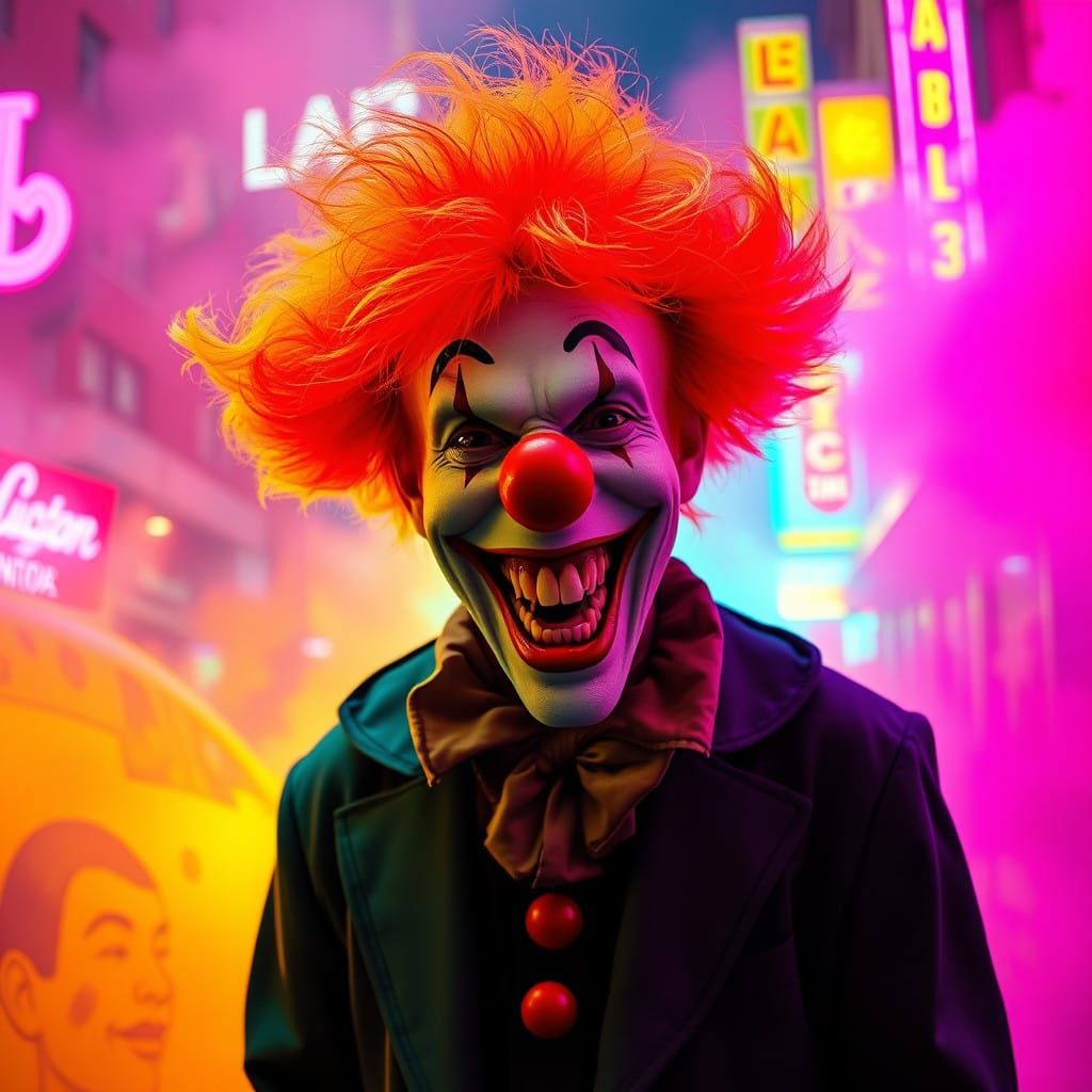 A grinning, pale-skinned vampire clown with a maniacal laugh, donning a ...