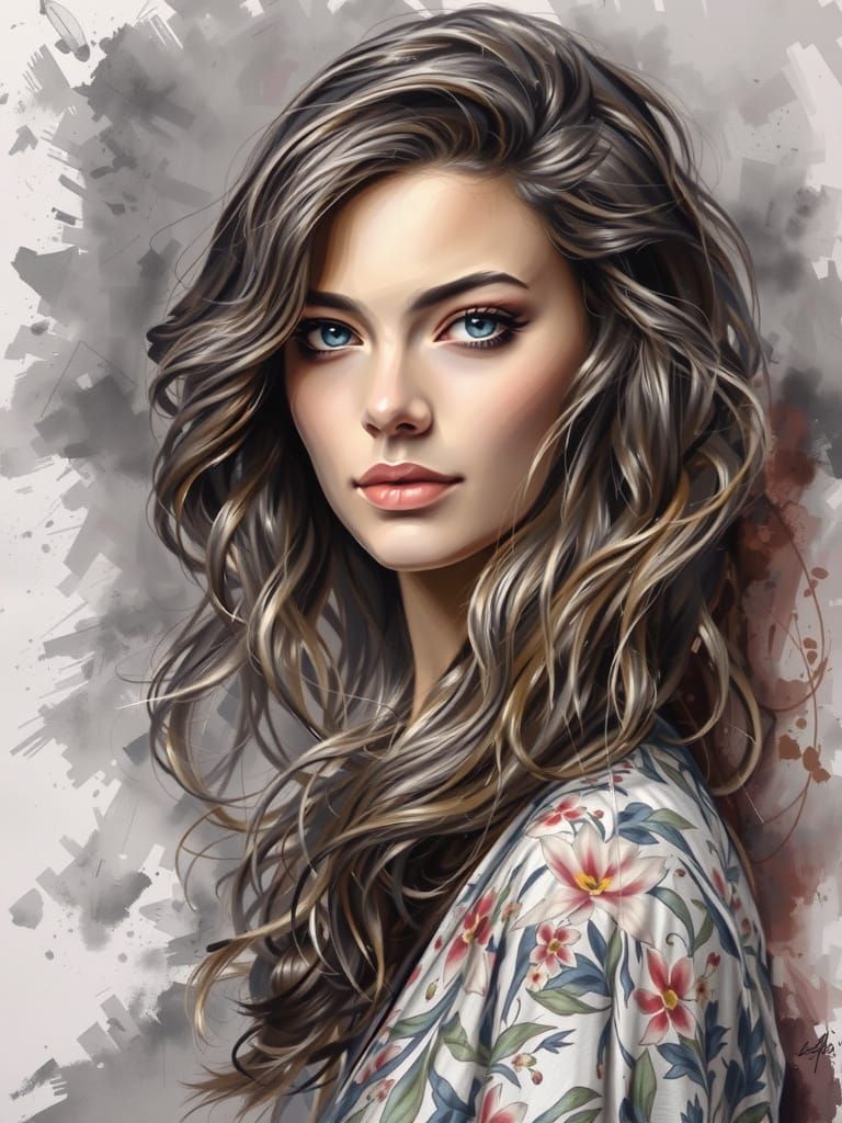 Portrait of a young woman, hair swept to one side, grey eyes, perfect figure, 2/3 face angle ...