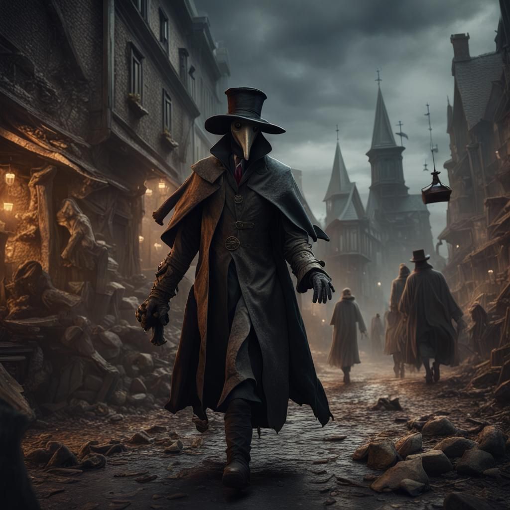 Bubonic Plague doctor, citizens seeing their presence running away ...