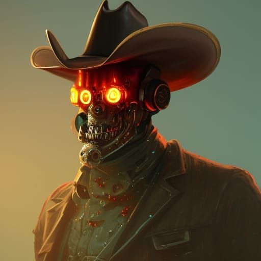 Robotic cowboy with evil grin, metal cowboy hat, metal cigar - AI ...