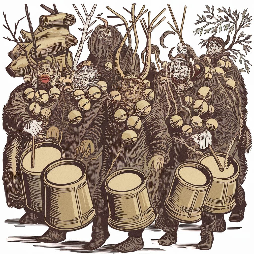 Krampus Festival Woodcut in Traditional Art Style - AI Art