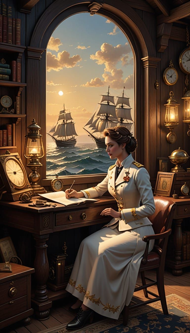 Determined Female Ship Captain in Vintage Nautical... - AI Art