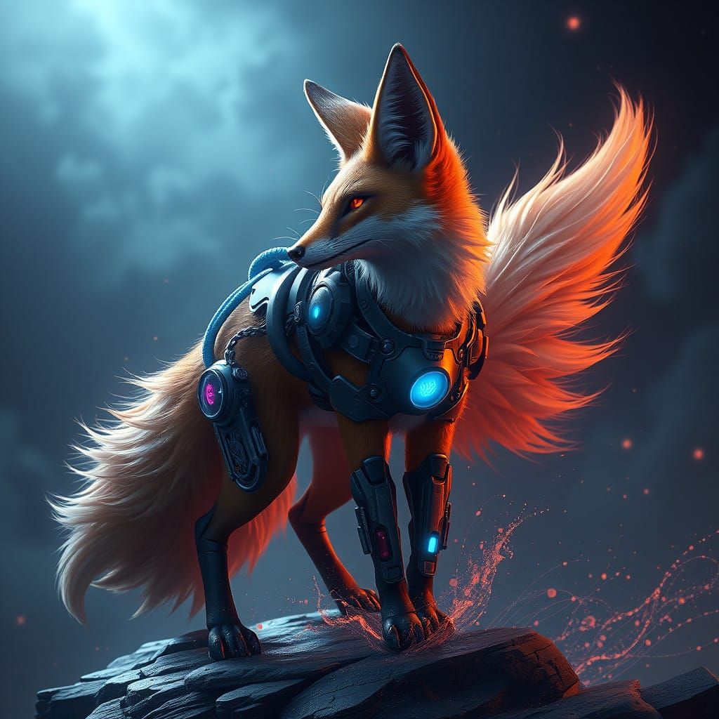 Cybernetic Fox with Twin Tails in Vibrant Fantasy ... - AI Art