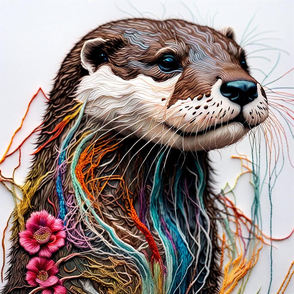 surreal structured mix media textile art, embroidered Otter art by ...