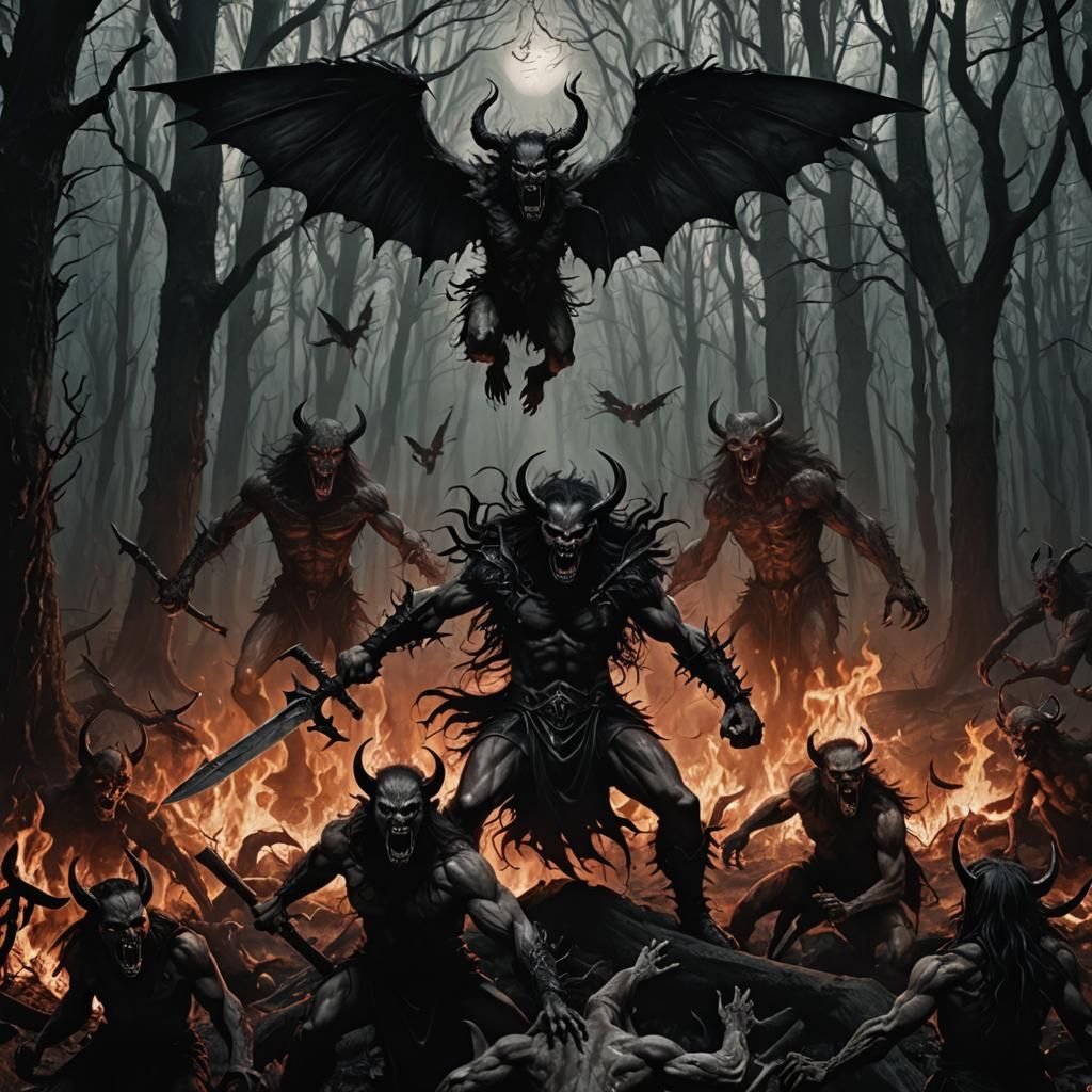 Dark Metal Angel Battles Werewolf in Hellish Woods - AI Art