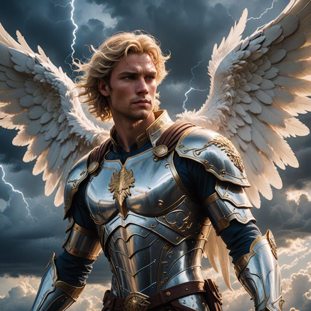 Majestic Angel Warrior Soars in a Turbulent Sky - AI Art