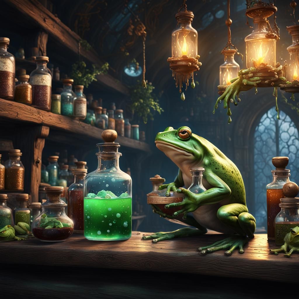 A frog selling magical potions - AI Generated Artwork - NightCafe Creator