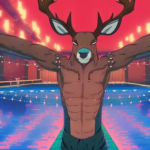 anthropomorphic deer stag buck male bodybuilder humanoid-torso wearing ...