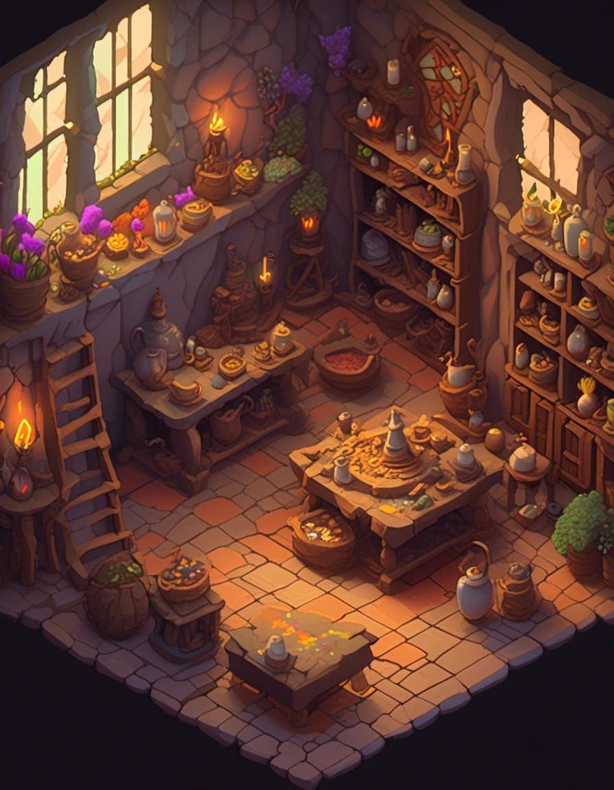 fantasy, potion shop room, drawers, counters, isometric view ...