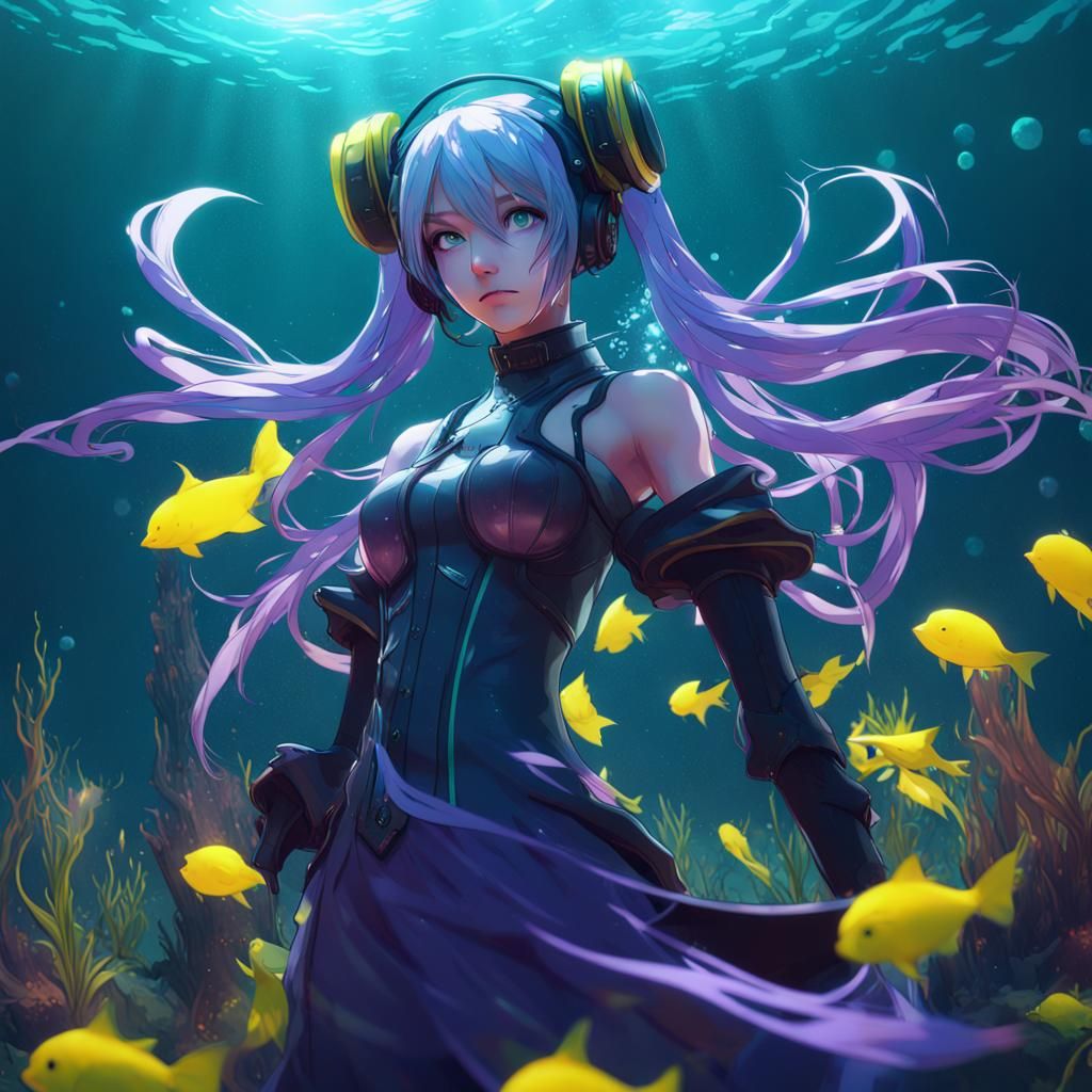 Hatsune Miku underwater inverted colors - AI Generated Artwork - NightCafe Creator
