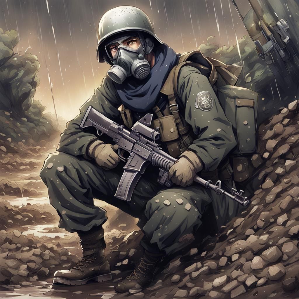male, mixed with a spartan, dirty clothes, sitting in a trench, muddy ...