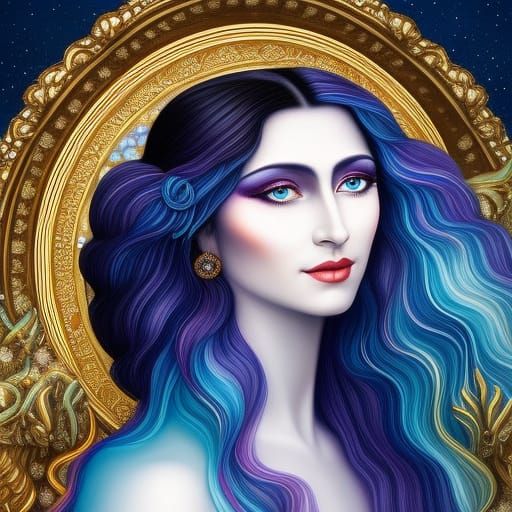 beautiful portrait painting of the moon goddess with long flowing black ...
