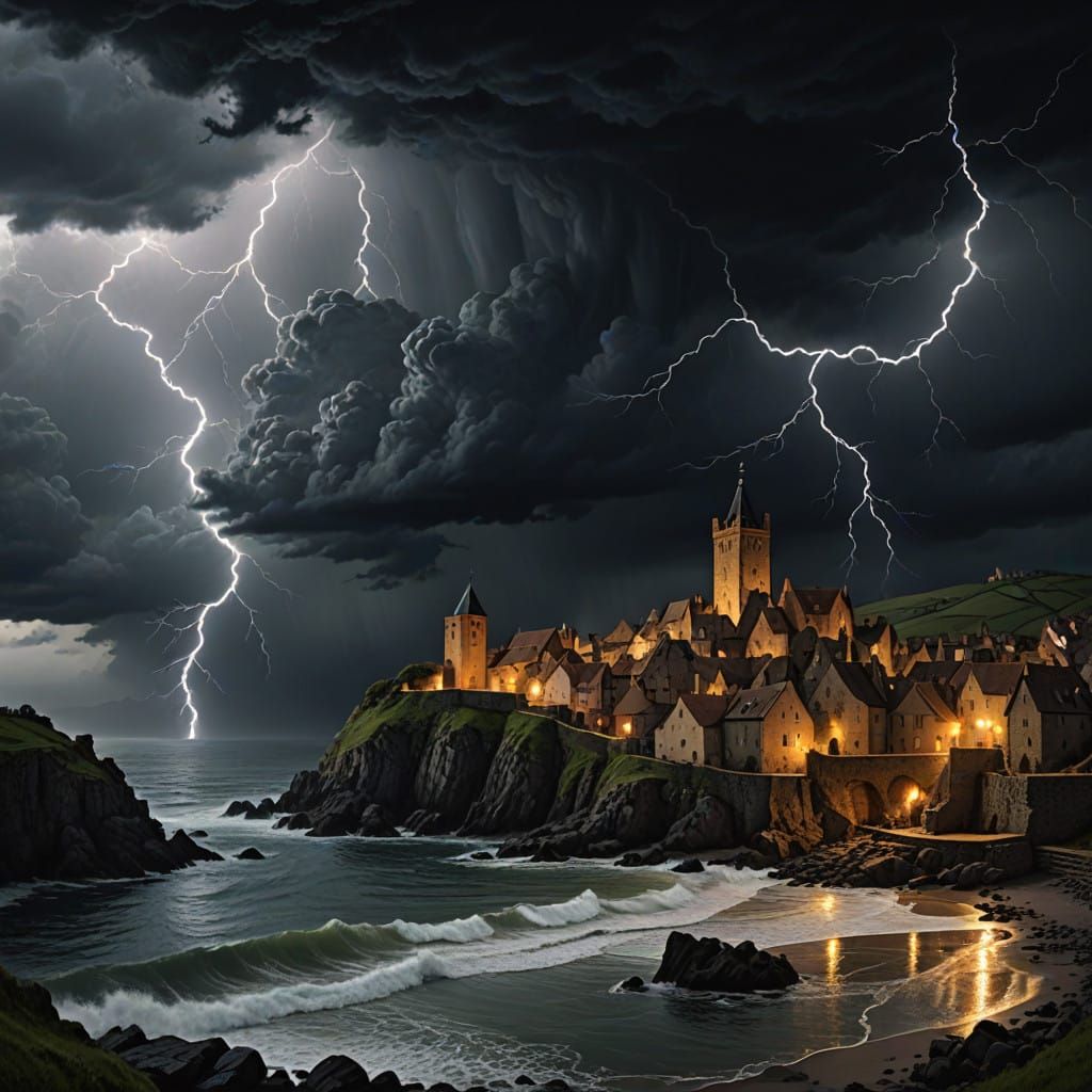 Medieval Village Enveloped in Dark Stormy Night - AI Art
