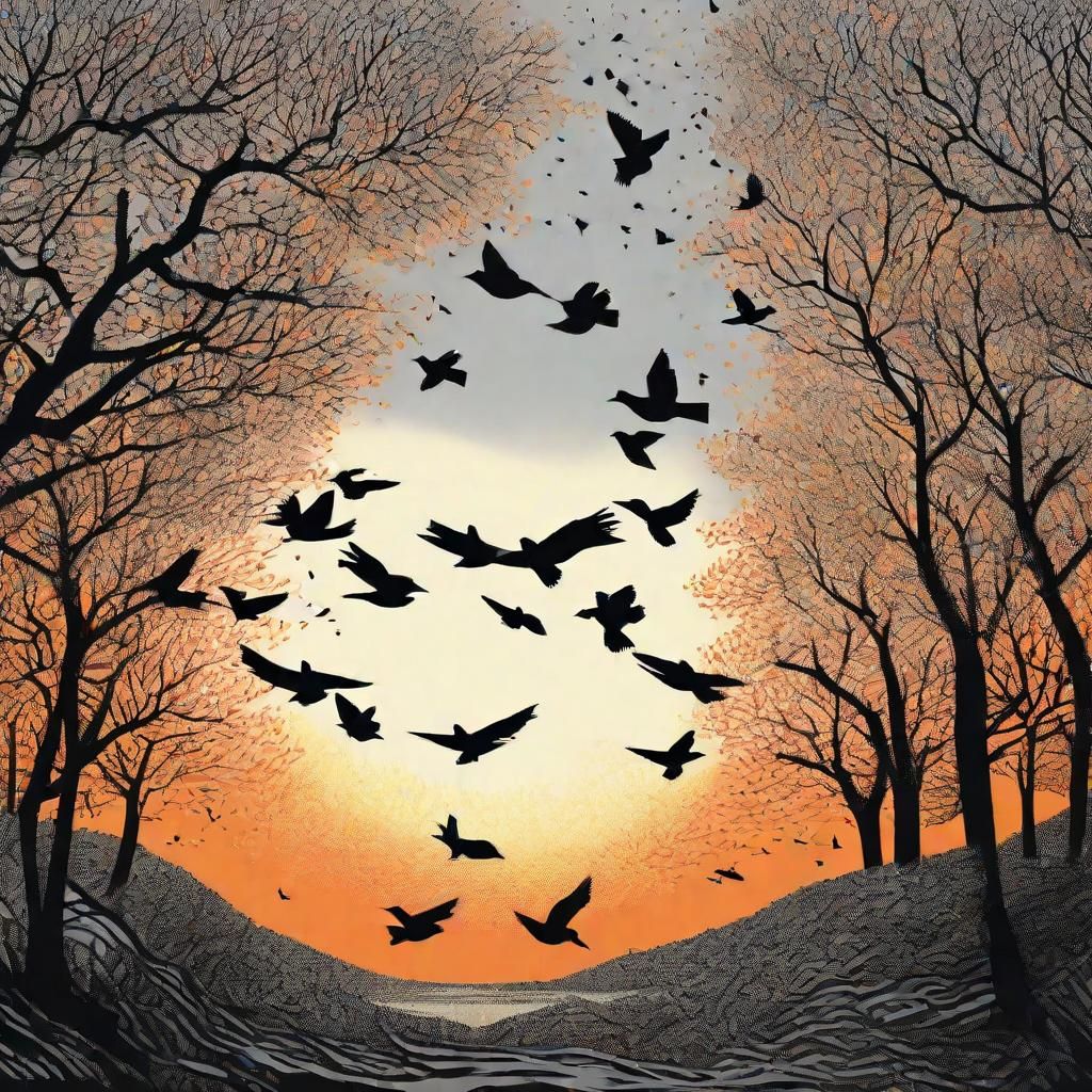 A flock of black birds flying over trees at sunrise