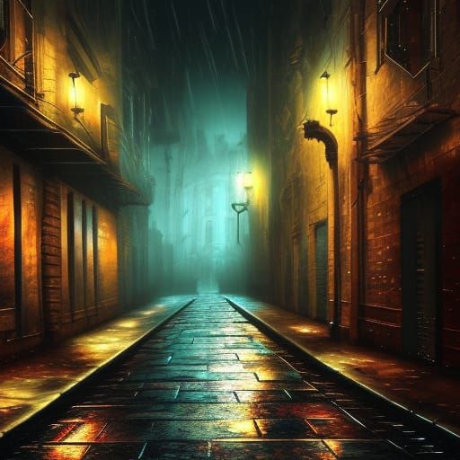 calm rainy alley - AI Generated Artwork - NightCafe Creator