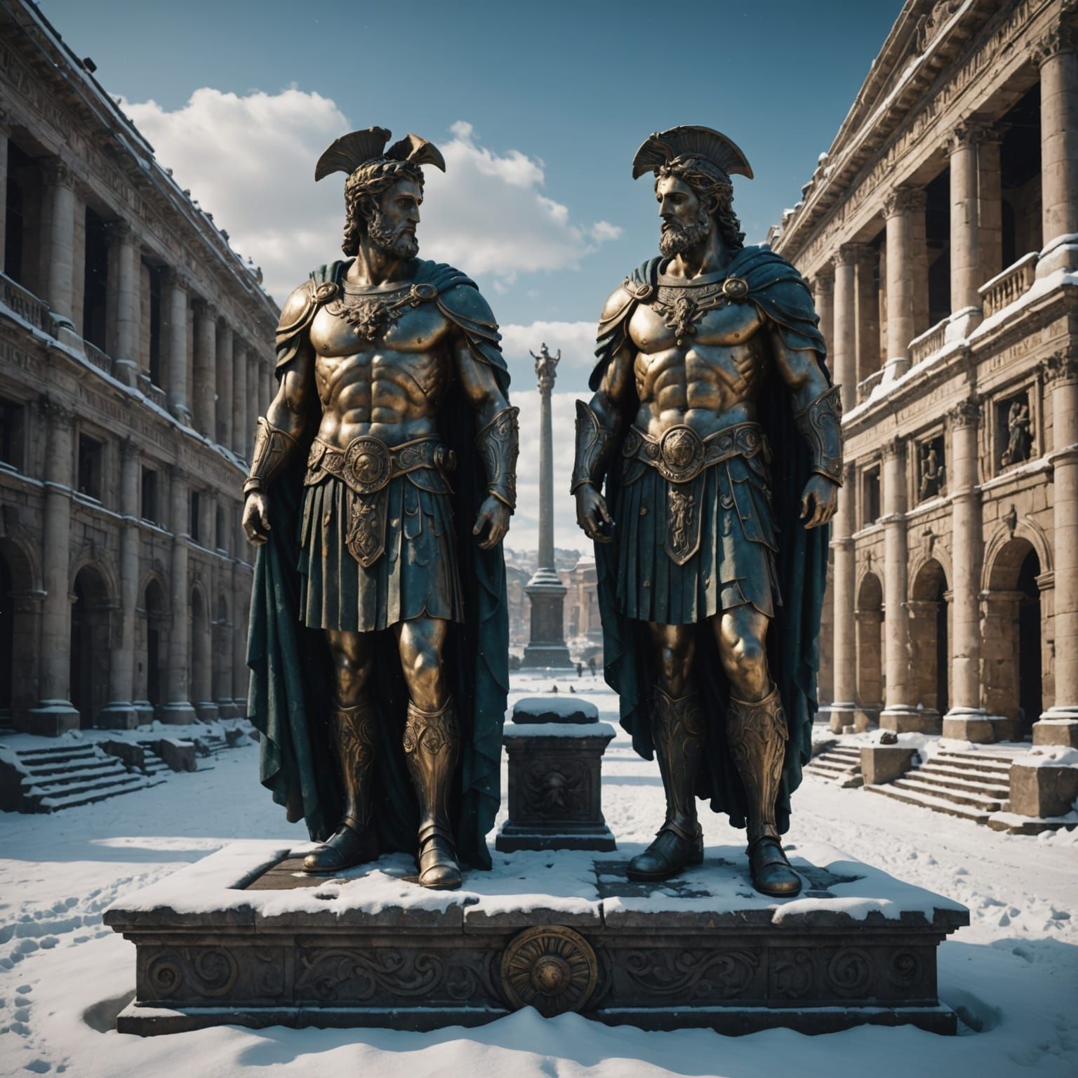 Janus Statue Standing in Snowy Roman Square - AI Art