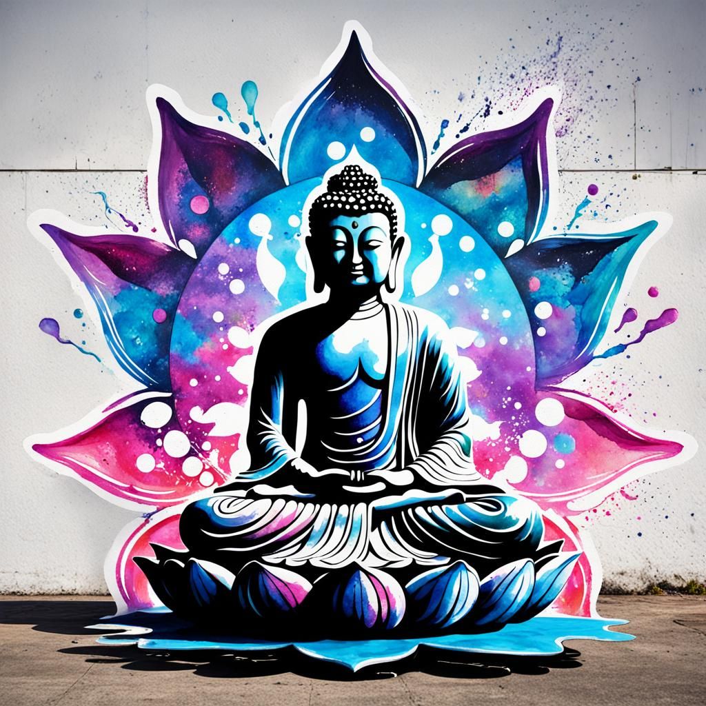 Water colored mandala lotus flower with a silhouette of the Buddha sitting in a meditative state ...