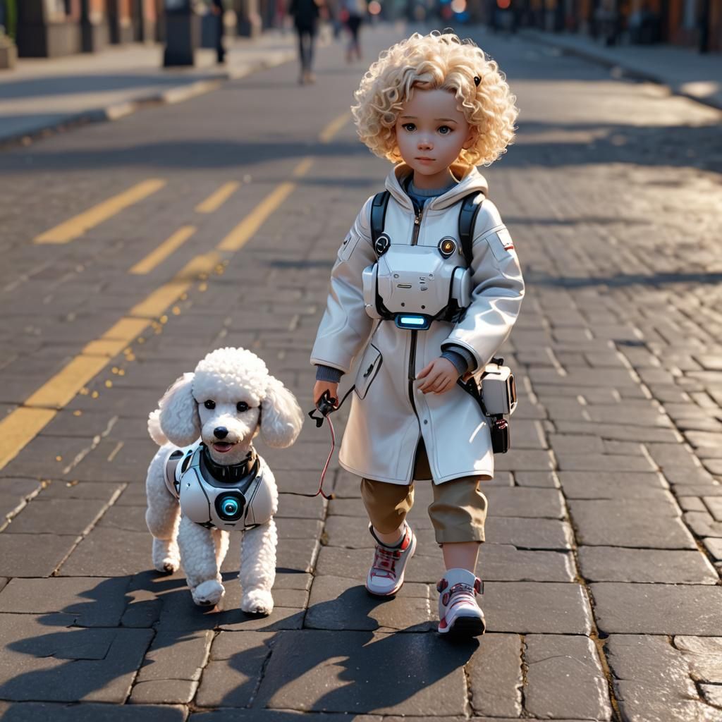 Robotic cyborg poodle walking with a girl down the street - AI ...