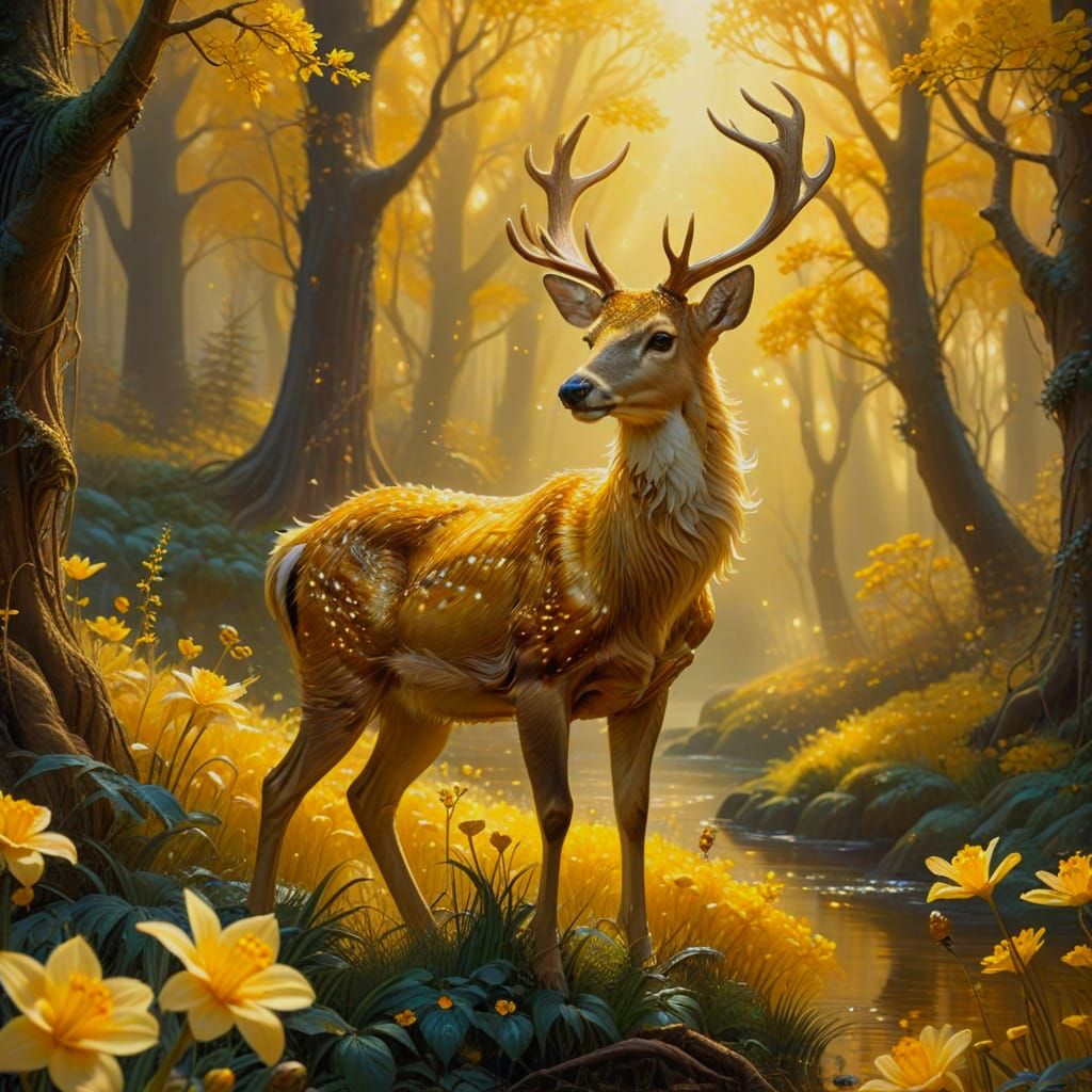 A yellow dear with a magical aura of glittering light in a yellow forest