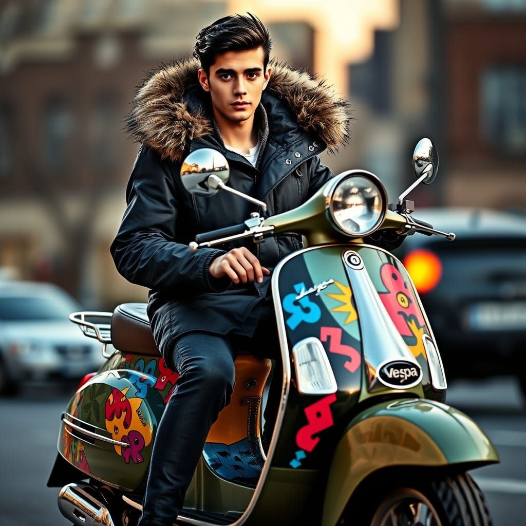 Mod wearing a parka on a mod scooter wrapped in "badhead" artwork