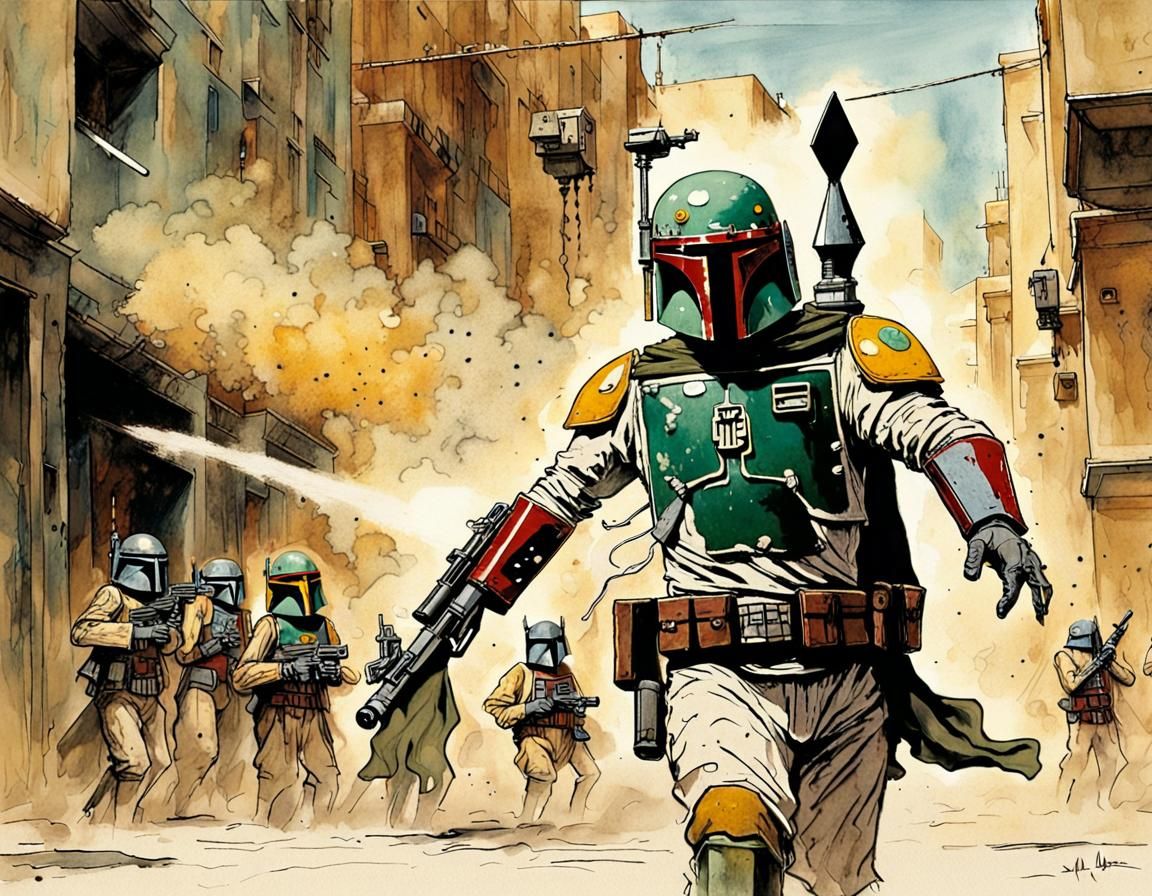 Boba Fett using his jetpack, shooting gang members on the streets of ...