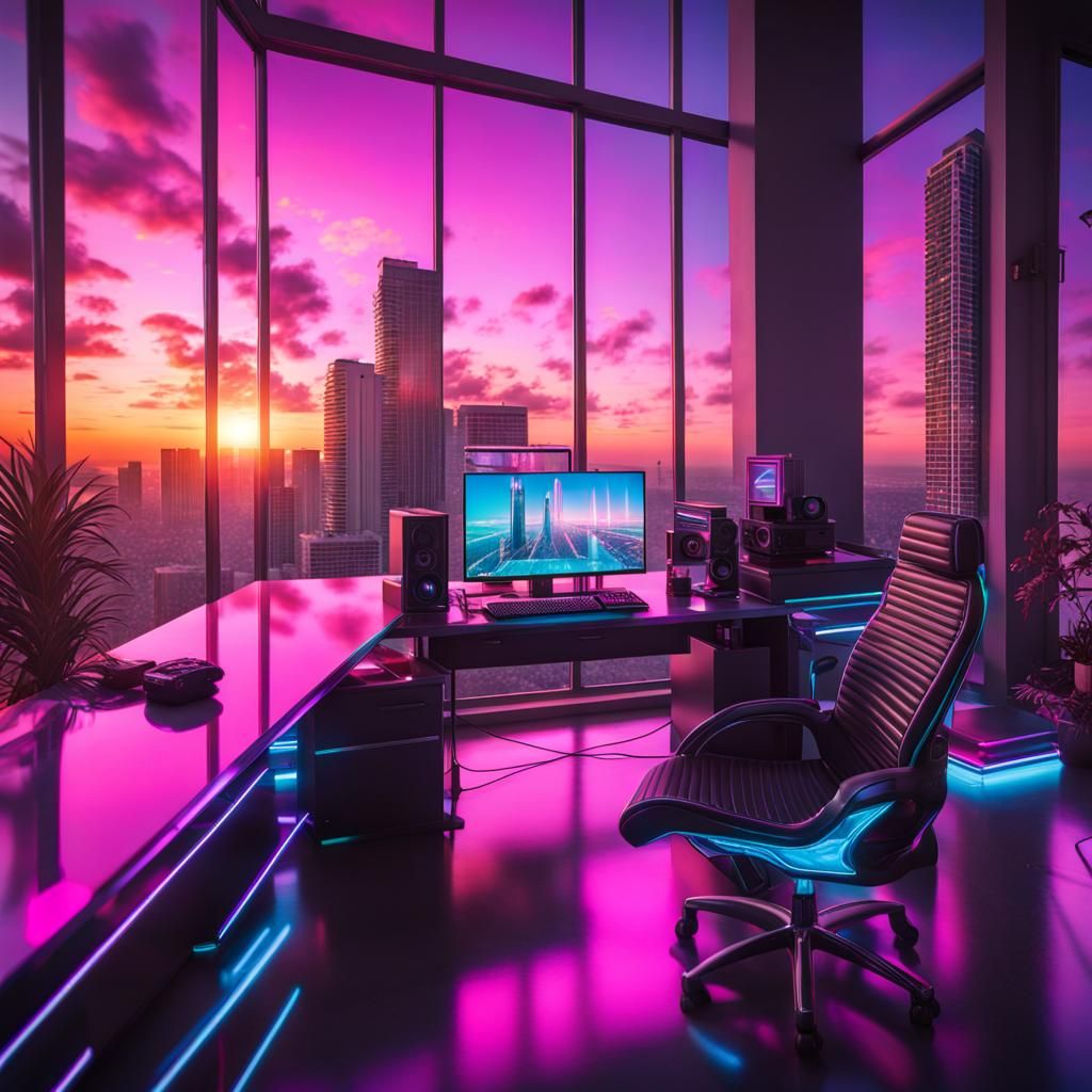 Gaming PC Setup, at Sunset, in a Skyscraper - AI Generated Artwork ...