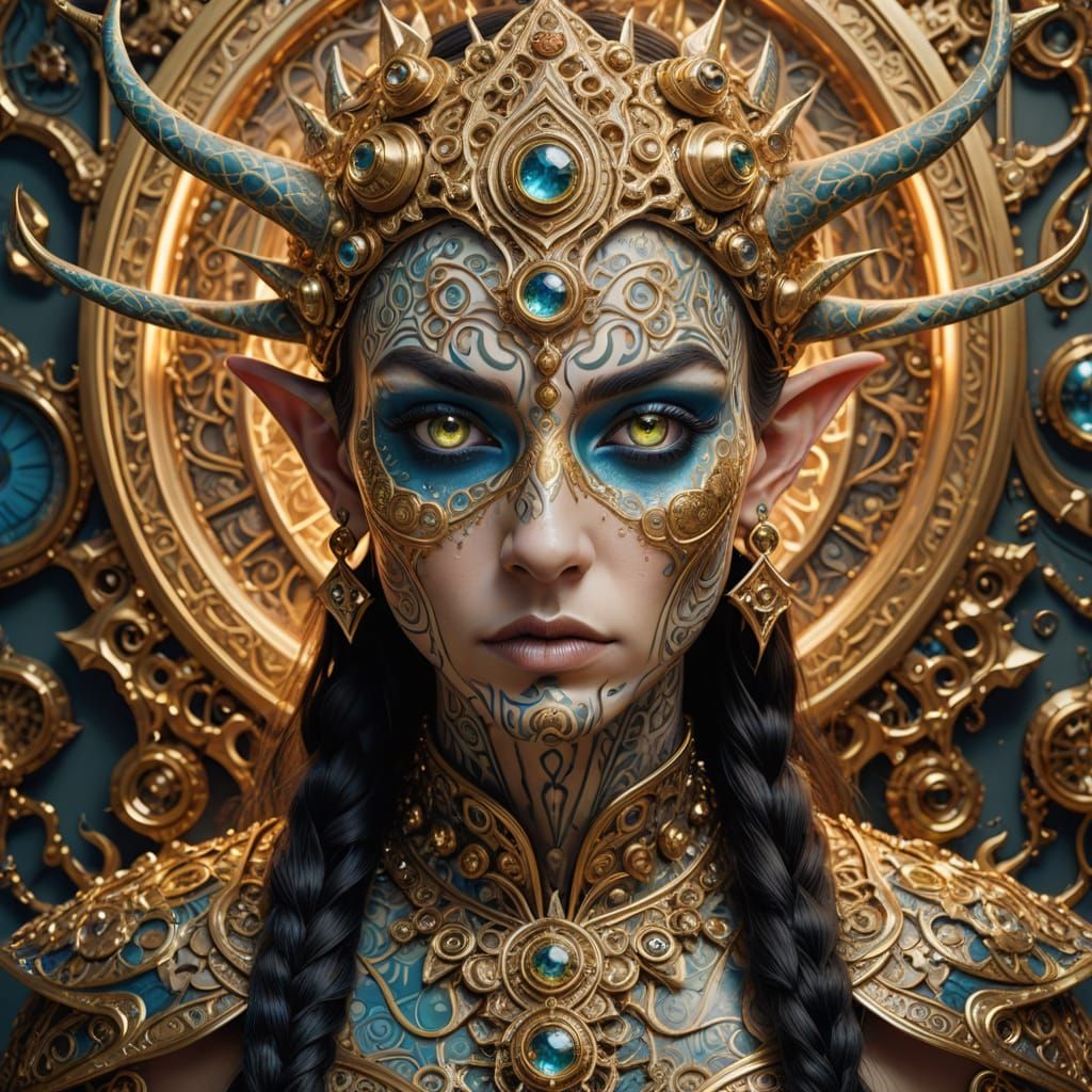 Surreal WarHammer Elf with Radiant Gold Tattoos in... - AI Art