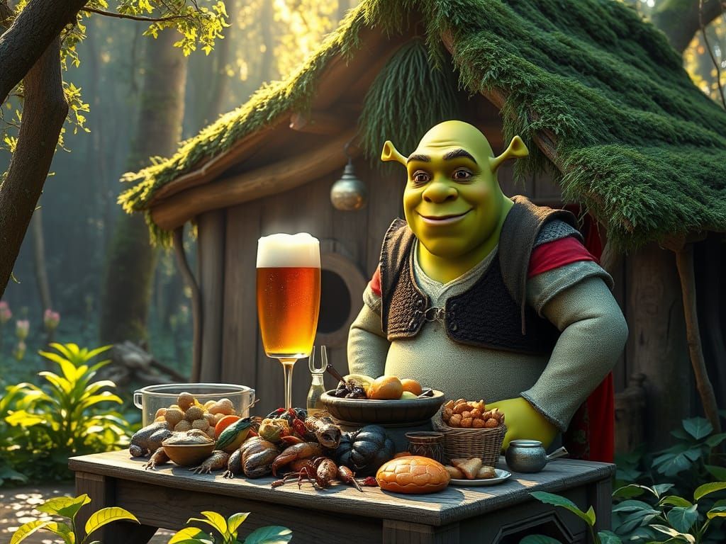 shrek in front of his hut - Shrek in Vibrant Swamp Elegance