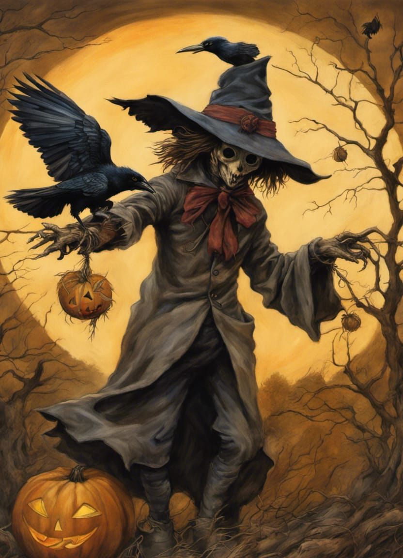 Scarecrow catching a raven - AI Generated Artwork - NightCafe Creator