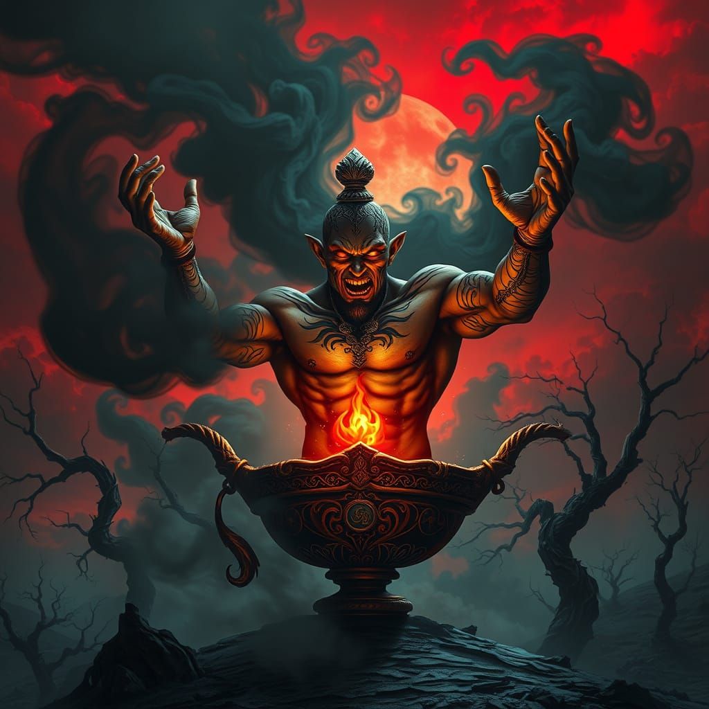 Dark Genie Unleashes Fury from Ancient Lamp in Hau... - AI Art