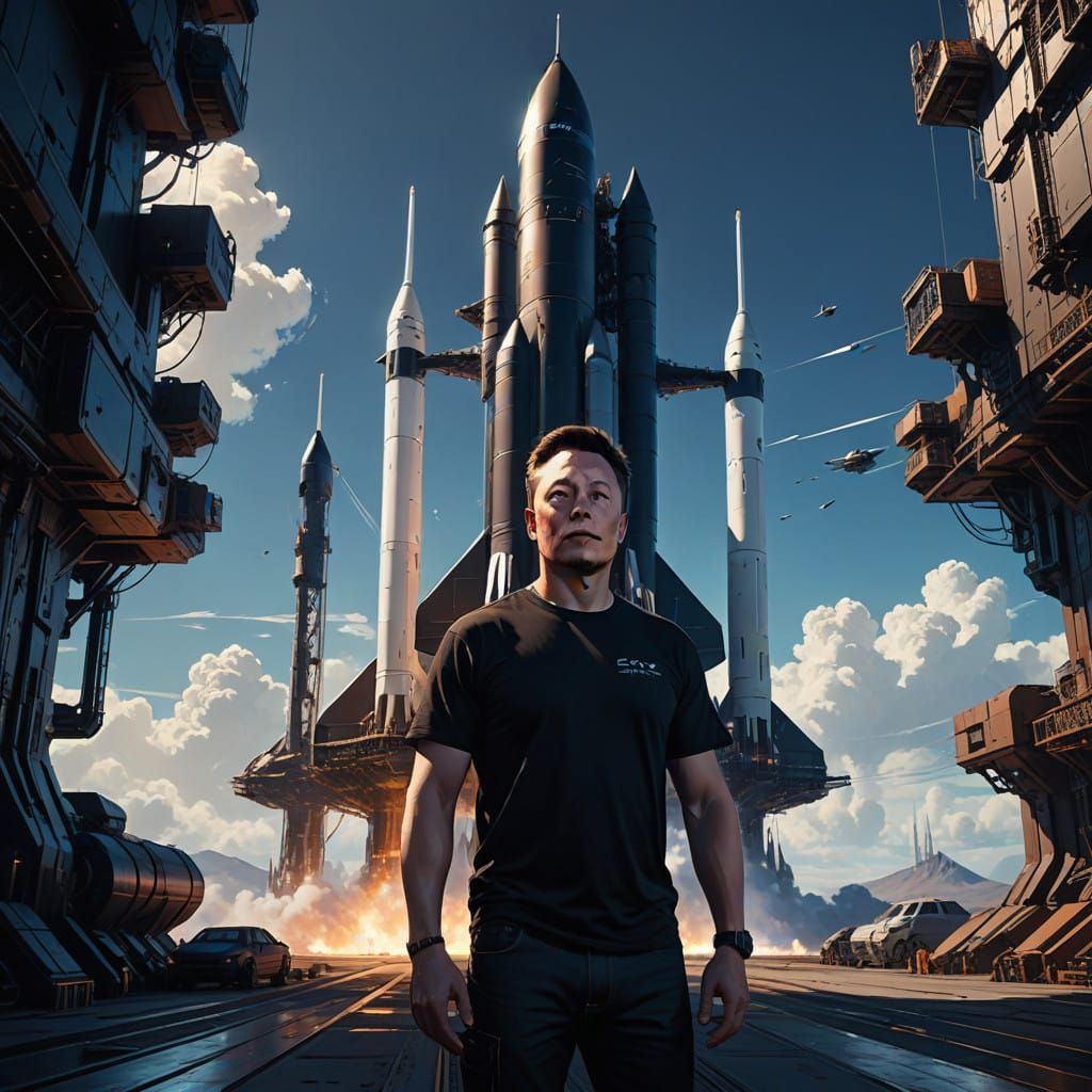 Techno Visionary Elon Musk with Cyberpunk SpaceX M... - AI Art